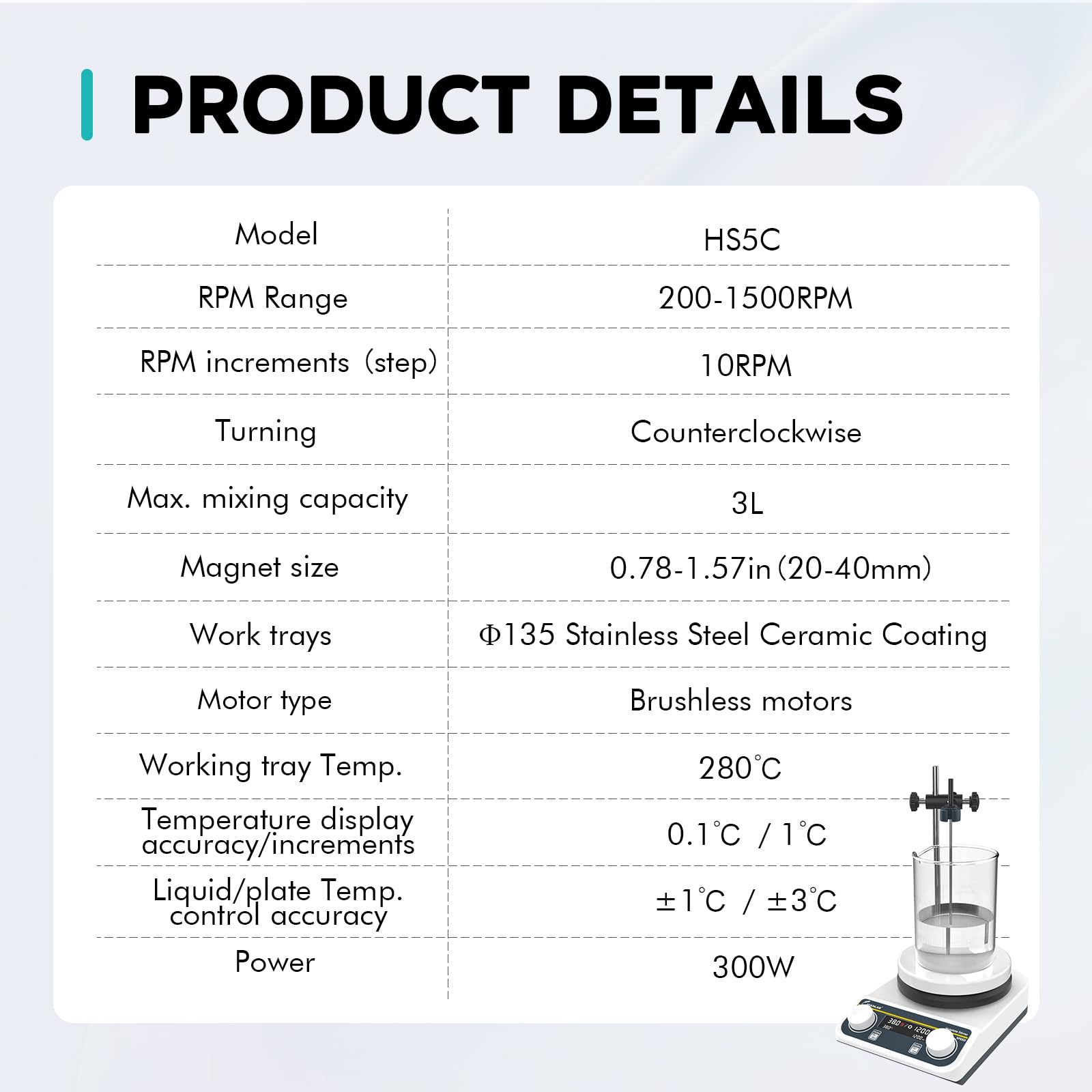 LAB FISH Laboratory Lab Magnetic Stirrer Hot Plate 280℃/ 536℉ 5 inch Digital Magnetic Mixer 3L Capacity Knob Control 200-1500rpm,Probe Sensor & Stirring Bar Included,110V