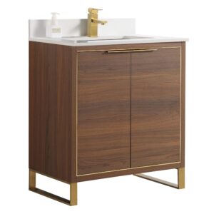 fine fixtures opulence collection 30 in. w x 18 in. d x 33 in. h bathroom vanity in walnut ebony with white matte sintered stone sink - satin brass hardware