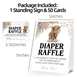 Diaper Raffle Tickets for Baby Shower Game, 1 Standing Sign & 50 Guessing Cards for Baby Shower Party Decoration, Holy Cow, Boho Highland Cow