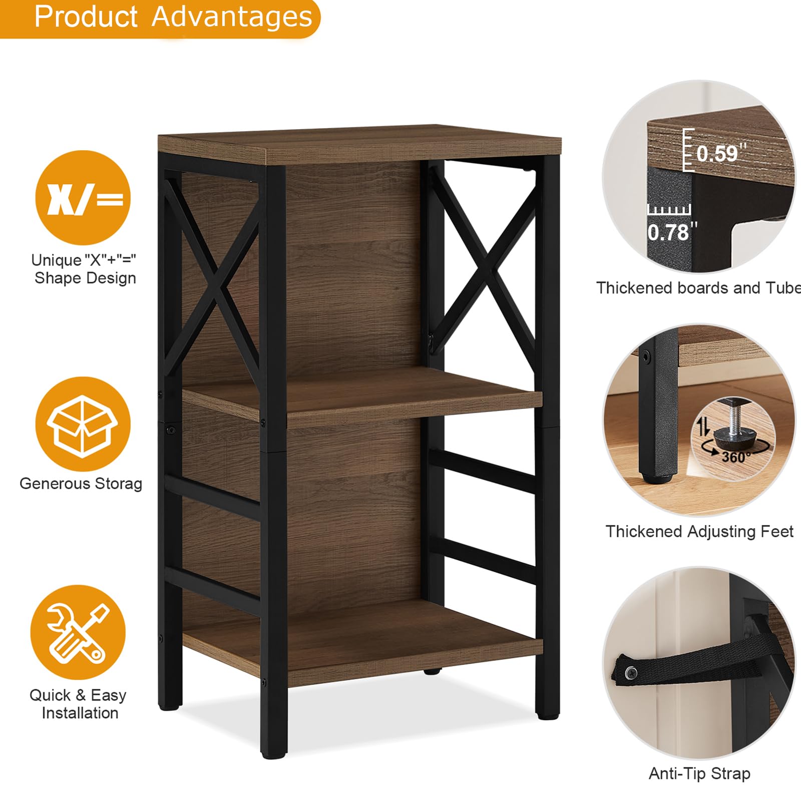 MNEETRUNG Small Bookcase,3 Tier Industrial Short Bookshelf with Metal Frame and Backboard,Rustic Brown Low Bookshelf, Small Office Book Shelf for Small Spaces, Living Room, Bedroom and Home Office