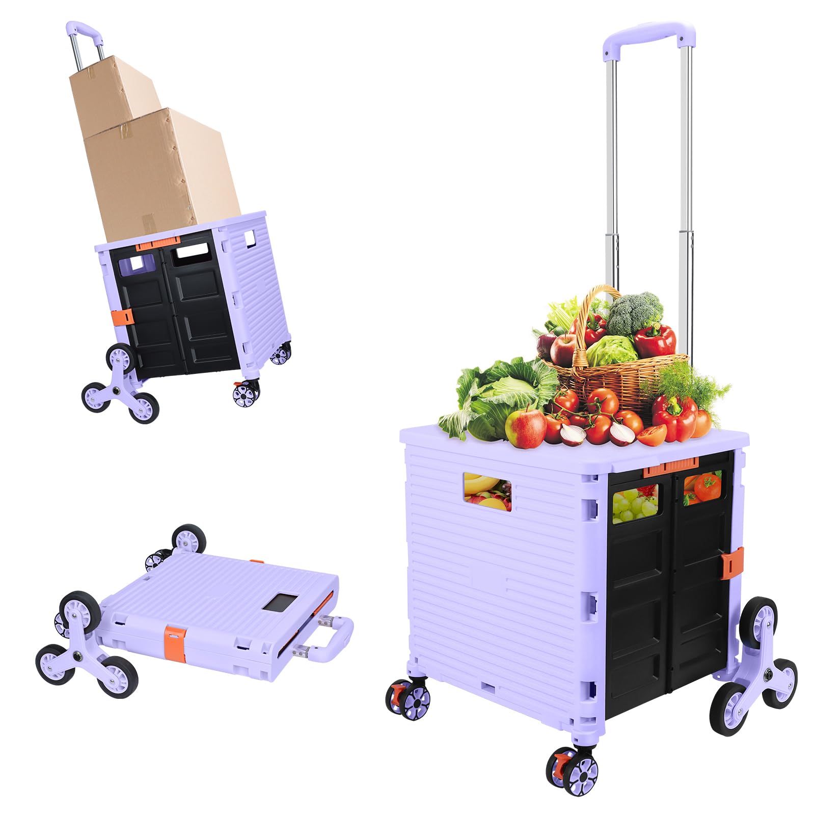 FELICON SELORSS Folding Utility Cart Portable Rolling Crate Handcart with Stair Climbing Wheels&360°Swivel Wheels Telescoping Handle Plastic Box Dolly for Travel Shop Move Office Teacher Use(Purple)