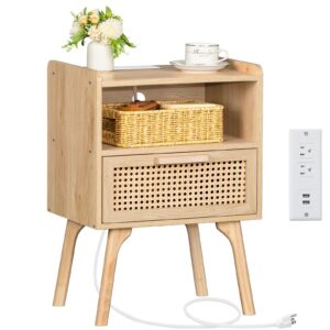 lerliuo rattan nightstand with charging station, boho side table with drawer open shelf, cane accent bedside end table with solid wood legs for bedroom, dorm and small spaces