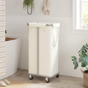 WOWLIVE 100L Rolling Laundry Hamper with Wheels Large Laundry Basket Organizer Laundry Cart with Steel Frame and Removable Bag Foldable Tall Dirty Clothes Hamper Dorm Room Storage for Bedroom (Beige)