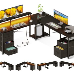 AODK 66" L Shaped Computer Desk, 113“ Reversible Home Office Desk with File Cabinet & 4 Fabric Drawers, Two Person Desk with LED Lights & Power Outlet, Corner Gaming Desk with Monitor Shelf, Black