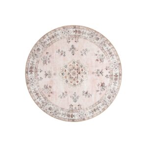 Lahome Washable Pink Round Rug 4ft, Soft Boho Circle Rug for Nursery and Girls, Small Floral Round Area Rug Non-Slip, Pastel Circular Carpet for Bedroom Indoor Floor Home Office Decor