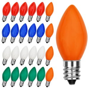 abeja 25 pack c7 led multicolor replacement light bulbs, 0.6w ceramic led vintage light bulbs for c7 outdoor string lights, candle lamps, night lights, e12 candelabra base