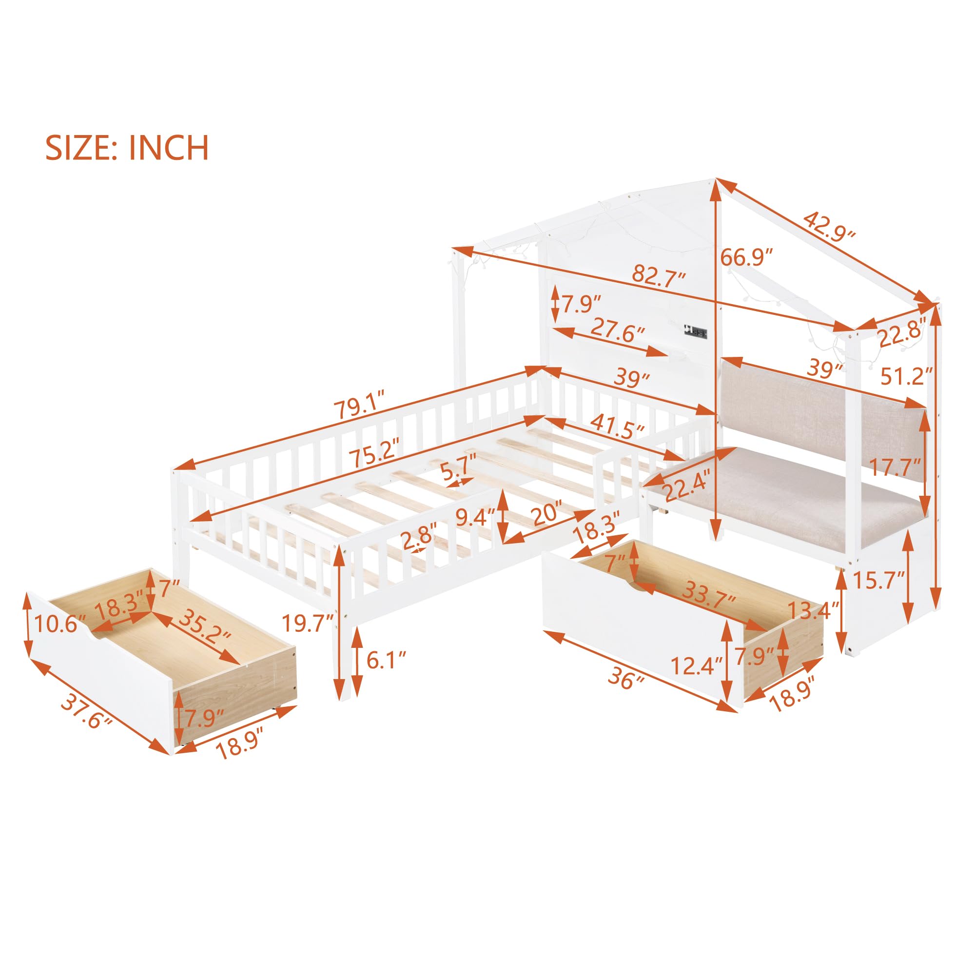 DEINPPA Twin Kids Bed with Storage, House Bed Frame with Charging Station and Futon Seat, Wooden Platform Bed with Drawers, Come with Decorative LED Lights, for Kids Children Toddler Boys Girls-White