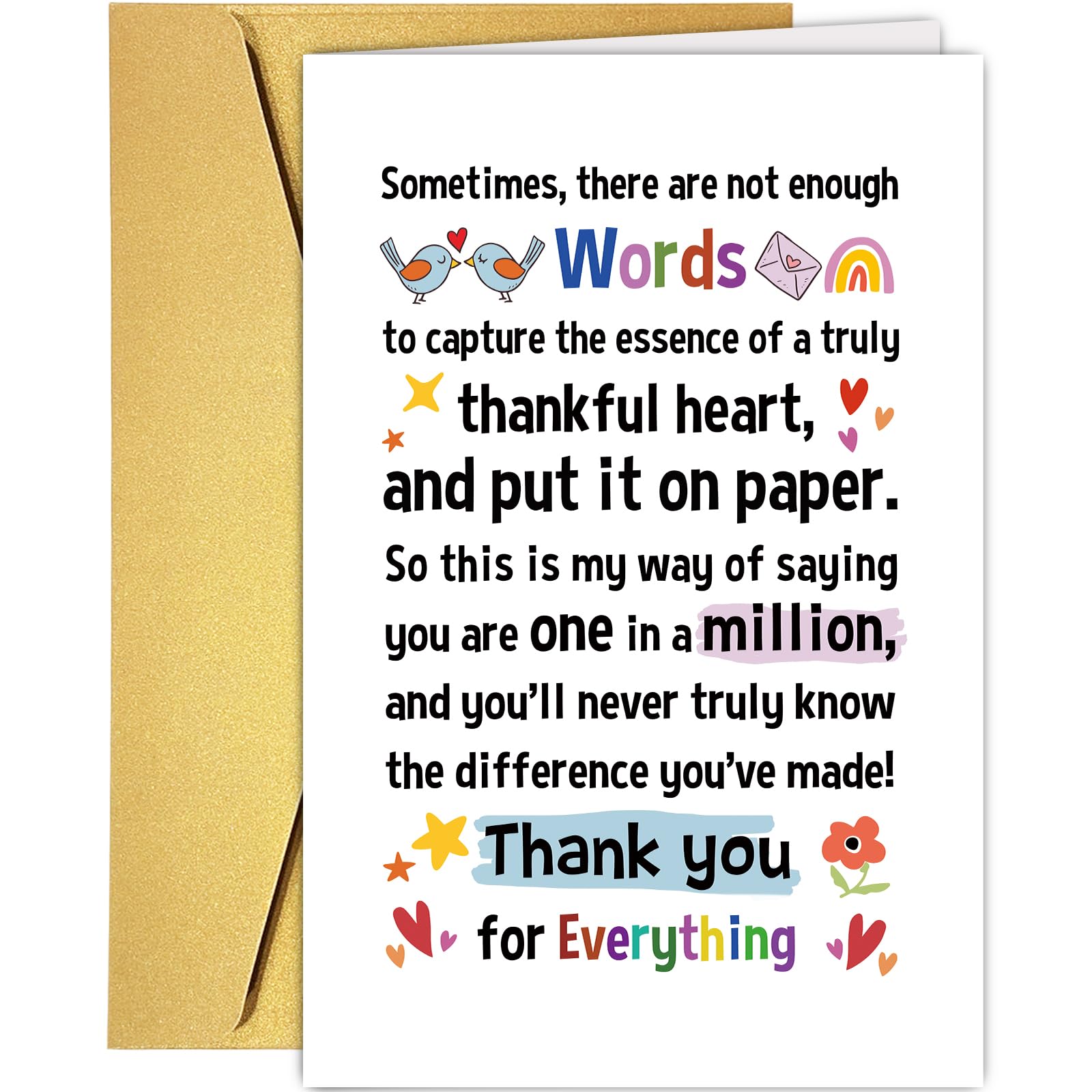 Supoeguk Lovely Thank You Card for Friend, Appreciation Card for Boss Coworker, Poem Thank You Card for Teacher, Sweet Friendship Card for Him Her, One in A Million