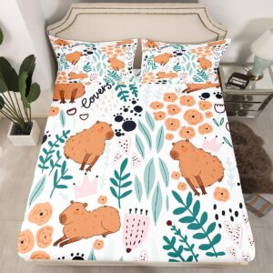 capybara bed sheet set full size, cute capybara bedding set for kids toddler capybara and flowers fitted sheet cute capybara animal bed cover with 2 pillow case (no flat sheet)