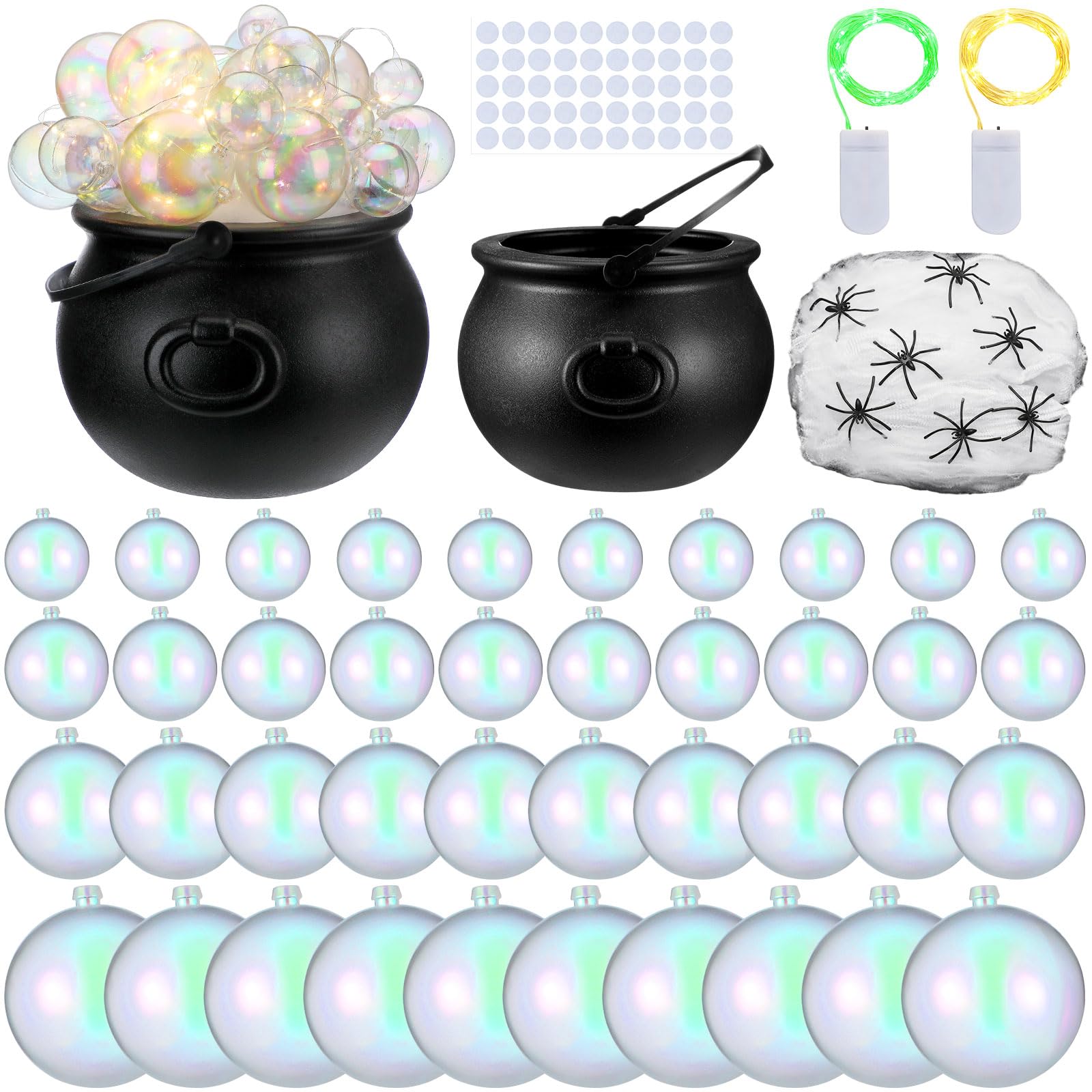 Jenaai 96 Pcs Halloween Bubbling Cauldron Set with 40 Ball Ornaments 2 Lights String 20 g Spider Webs 2 Fake Spider 50 Adhesive Points for Party(Warm White, Green)