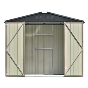 RITSU 8ft x 6ft Outdoor Garden Shed, Metal Storage Shed with Adjustable Shelf and Lockable Doors, Galvanized Steel Tool Cabinet with Vents and Foundation Frame Shed for Backyard, Lawn, Garden, Brown