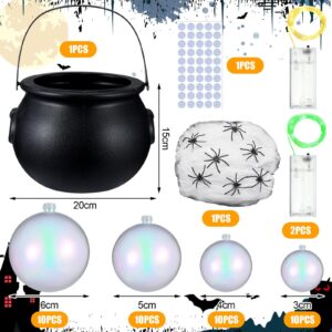 Jenaai 96 Pcs Halloween Bubbling Cauldron Set with 40 Ball Ornaments 2 Lights String 20 g Spider Webs 2 Fake Spider 50 Adhesive Points for Party(Warm White, Green)