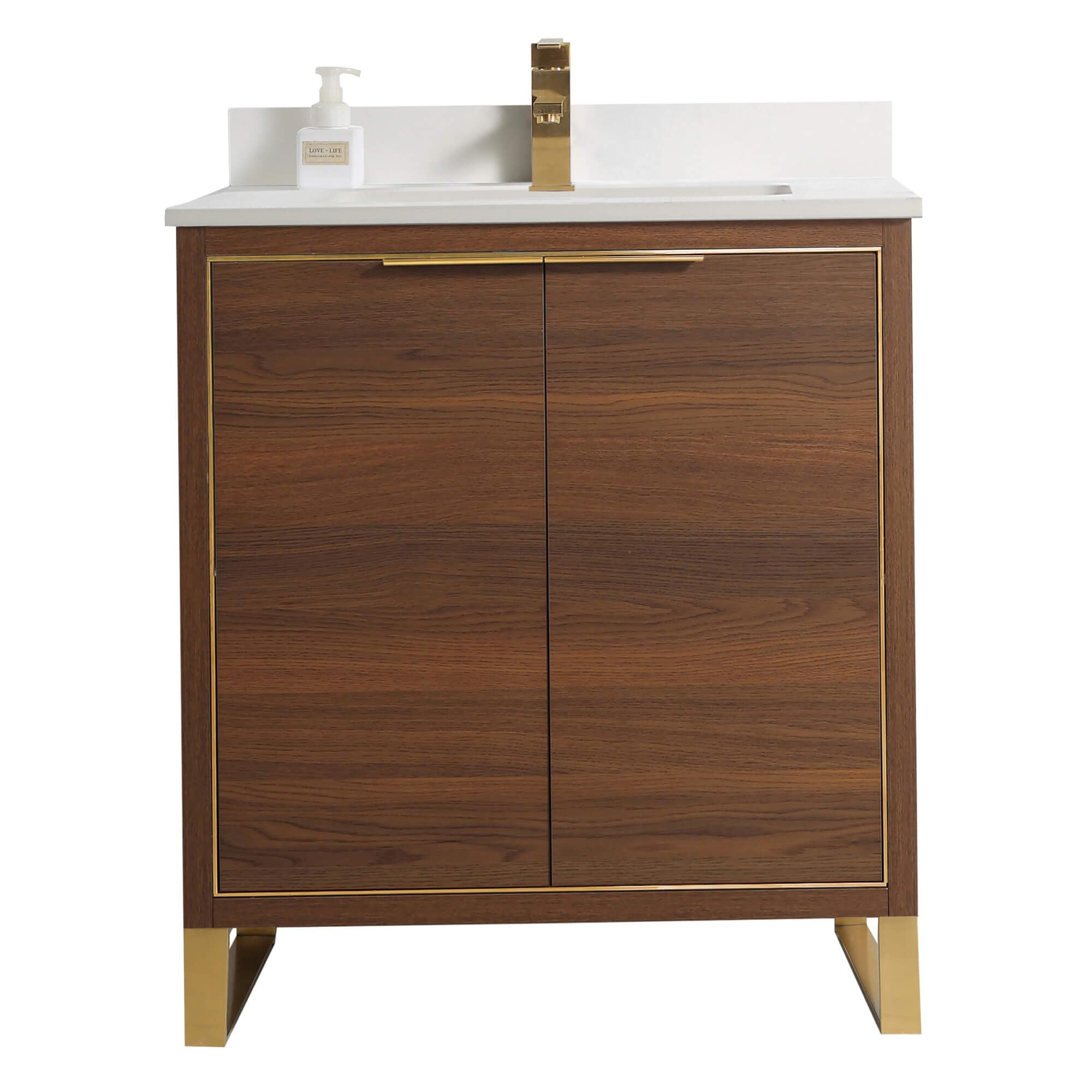 Fine Fixtures Opulence Collection 30 in. W x 18 in. D x 33 in. H Bathroom Vanity in Walnut Ebony with White Matte Sintered Stone Sink - Satin Brass Hardware