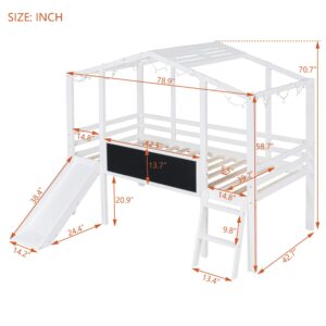 Merax Twin Loft Bed with Slide for Boys & Girls, Wood House Style with Blackboard & Light Strip, White