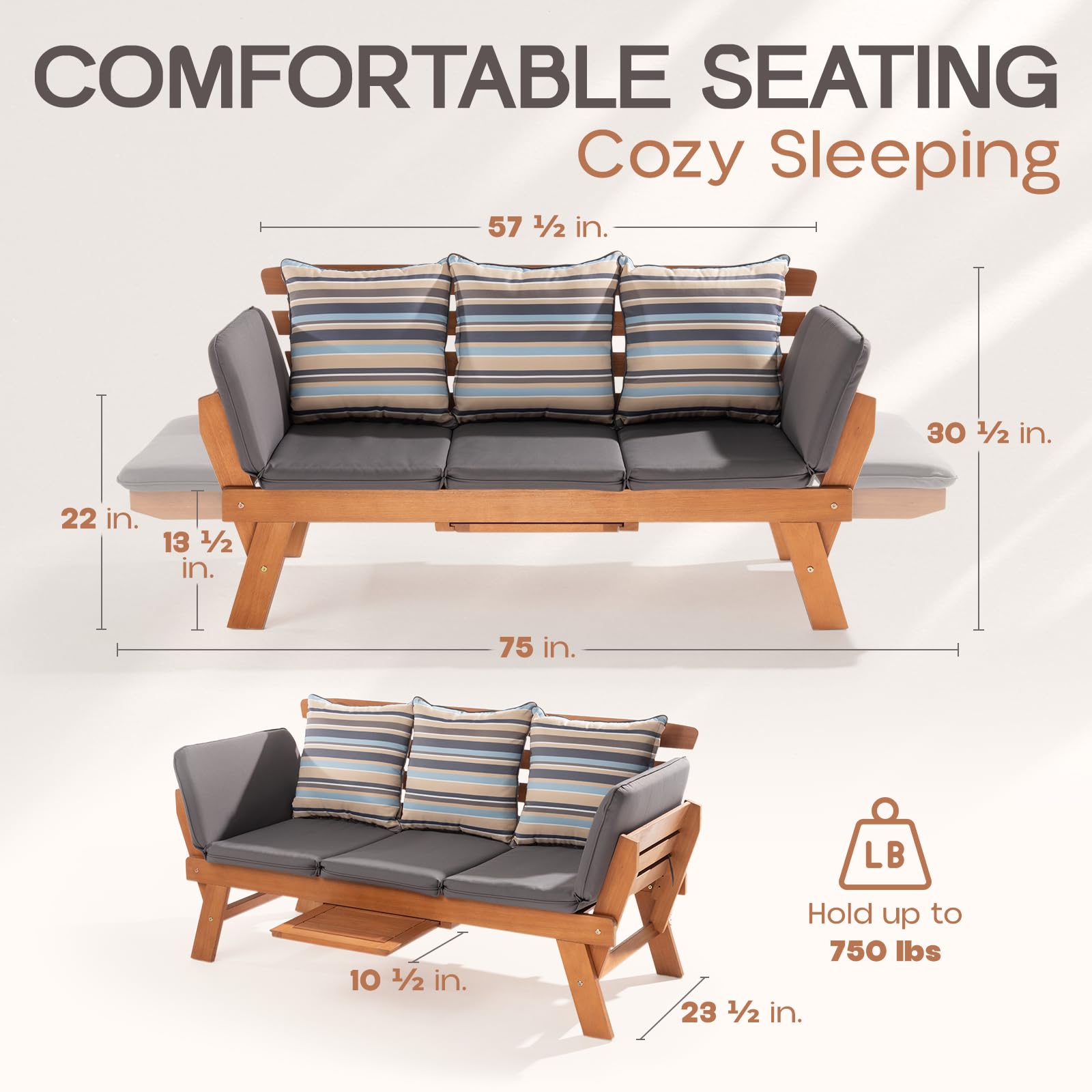 Idzo Amelie Outdoor Daybed Sofa: 750lbs Max Weight Support, Sleeper Chair with Armrest, Coffee Tray, 3 Pillows, FSC Wood, Gray, Ideal for Outdoor Couch