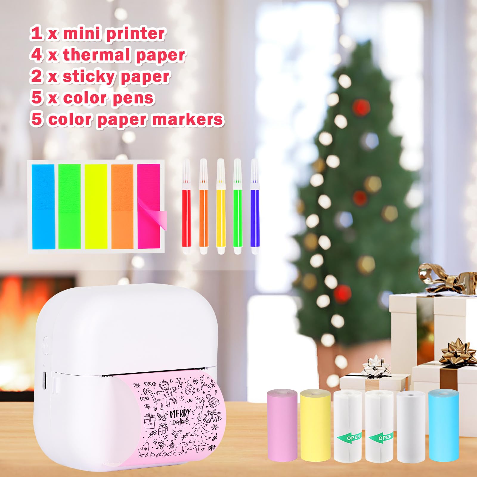 QYCHHJ Inkless Mini Sticker Printer Mini Thermal Printer with 6 Rolls Thermal Paper & Color Pen, Portable Pocket Printer Label Receipt Note Printer for Notes Journal Memo Photo Study, White