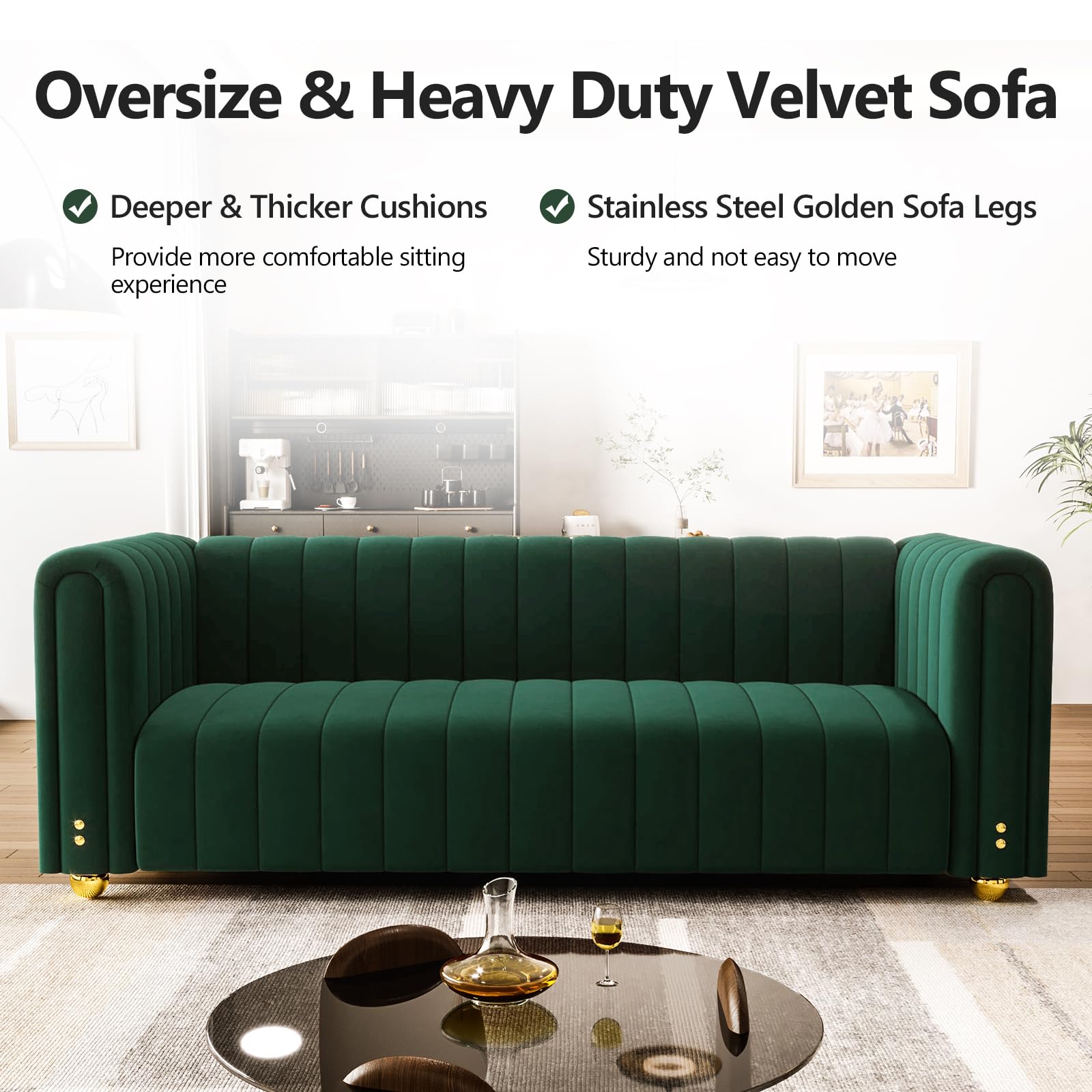 81.3'' Green Velvet Modern Mid Century Deep Seat Sofa, Oversized 3-Seater Loveseat Comfy Couch for Living Room and Apartment Furniture