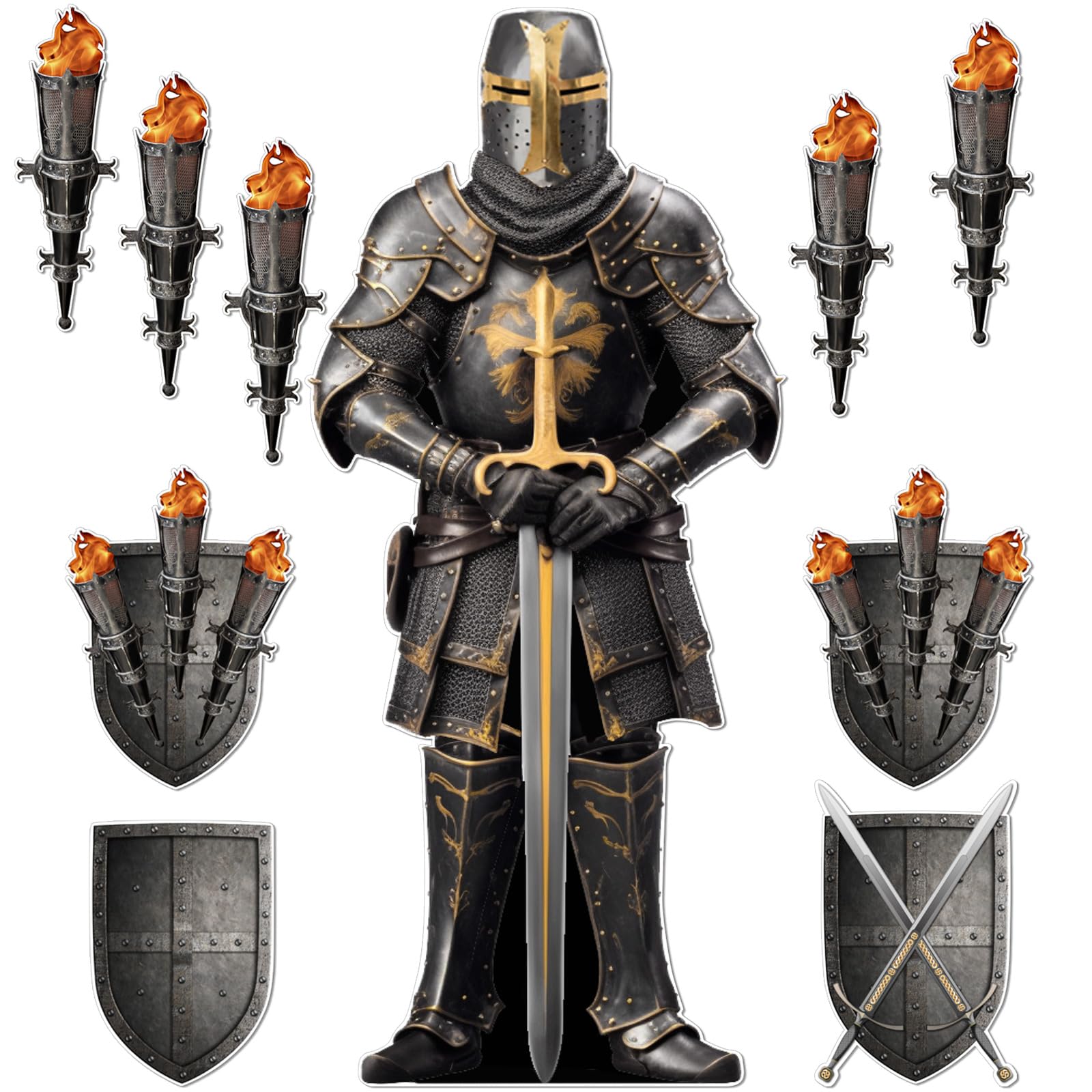 Honoson 10 Pcs Medieval Party Decorations Castle Decorations Jointed Suit of Armor Knight Cut Out Torch Props Medieval Shield for Birthday, Halloween, Medieval, Castle Party Renaissance Knight