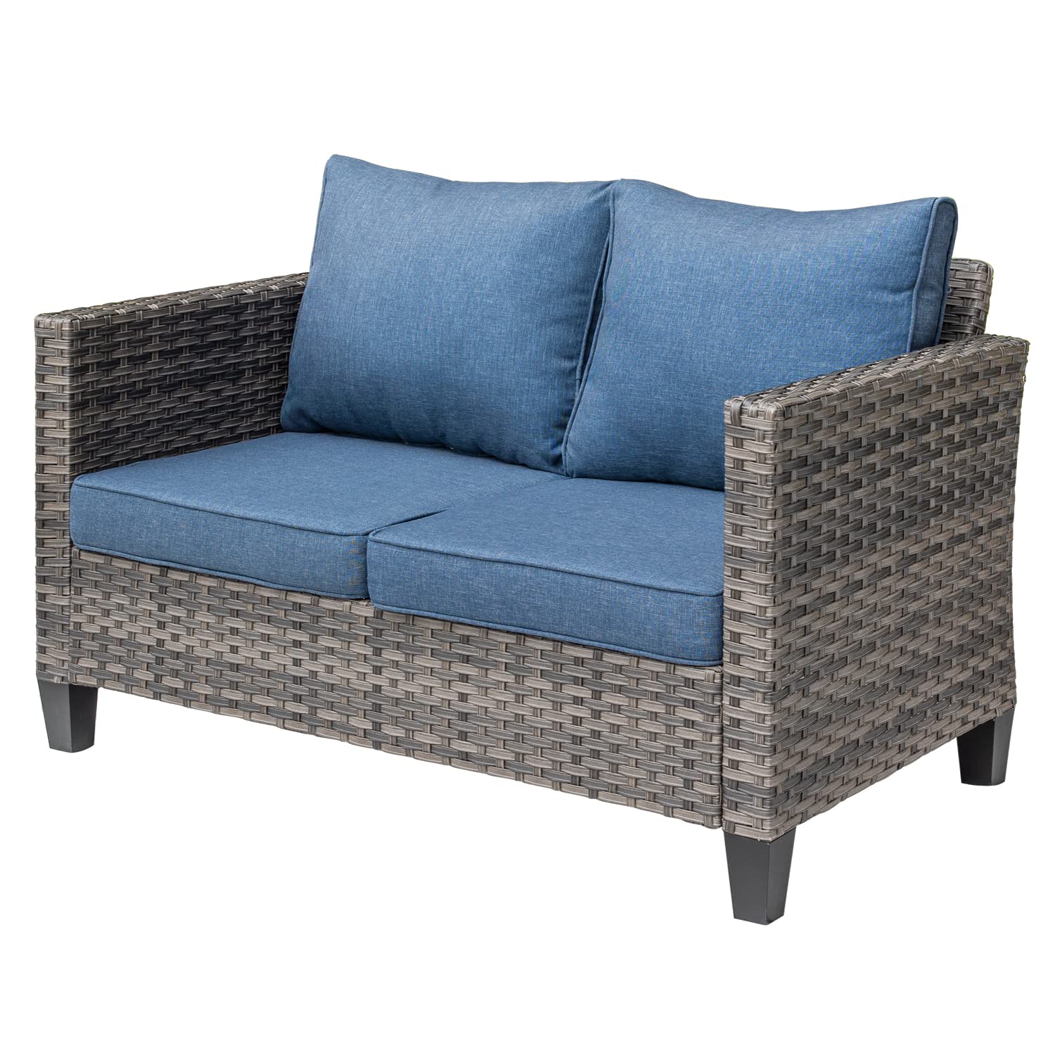 ovios Patio Sofa Loveseat, 2-Seater Outdoor Wicker Rattan Sofa Couch, All Weather High Back Deep Seat Patio Seating with Comfy Cushions for Porch Garden Deck, Denim Blue