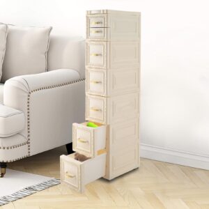 6 tier storage cabinet with 7 drawers rolling narrow dresser tower stand slim plastic storage organizer with wheels elegant storage chest for bedroom bathroom entryway dorm small spaces, beige