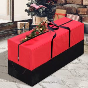 christmas tree storage bag, fits up 10 ft tall artificial trees-heavy duty holiday storage box with durable reinforced handles & zipper & transparent pocket- 600d oxford tree storage container, red