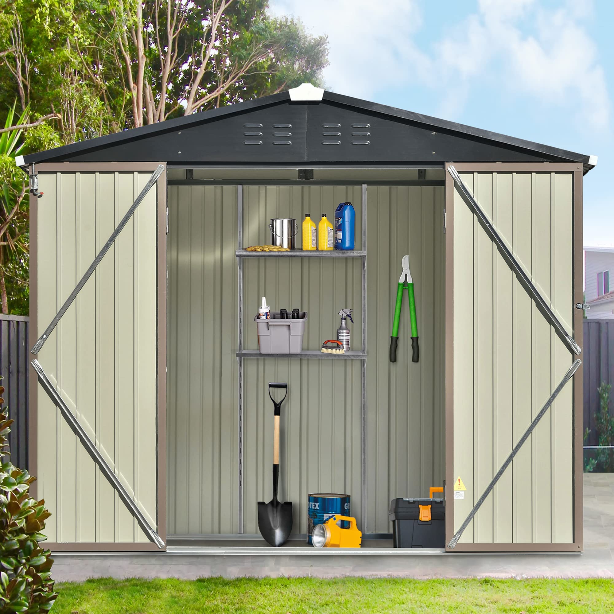 RITSU 8ft x 6ft Outdoor Garden Shed, Metal Storage Shed with Adjustable Shelf and Lockable Doors, Galvanized Steel Tool Cabinet with Vents and Foundation Frame Shed for Backyard, Lawn, Garden, Brown