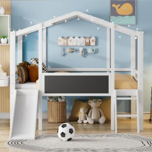 Merax Twin Loft Bed with Slide for Boys & Girls, Wood House Style with Blackboard & Light Strip, White