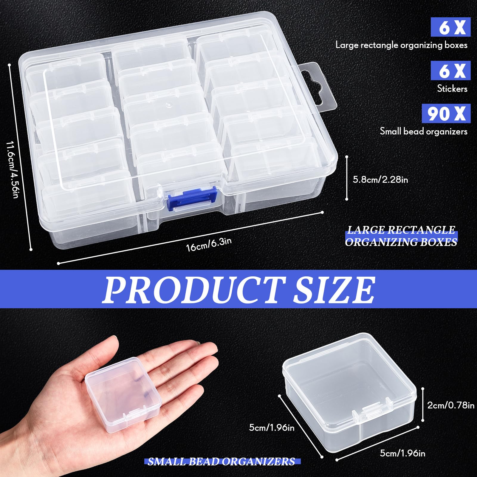 Sliner 96 Pcs Bead Organizer Box Bead Storage Containers Craft Organizers and Storage Plastic Storage Cases with Hinged Lid and Rectangle Clear Case and Stickers for Beads Jewelry Craft Supplies