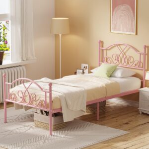 Weehom Twin Bed Frames, Modern Twin Size Metal Bed Frames for Kids Girls, No Box-Spring Needed Twin Platform Bed Frame with Unique Headboard and Footboard, 11.23 Inches Storage Space - Pink