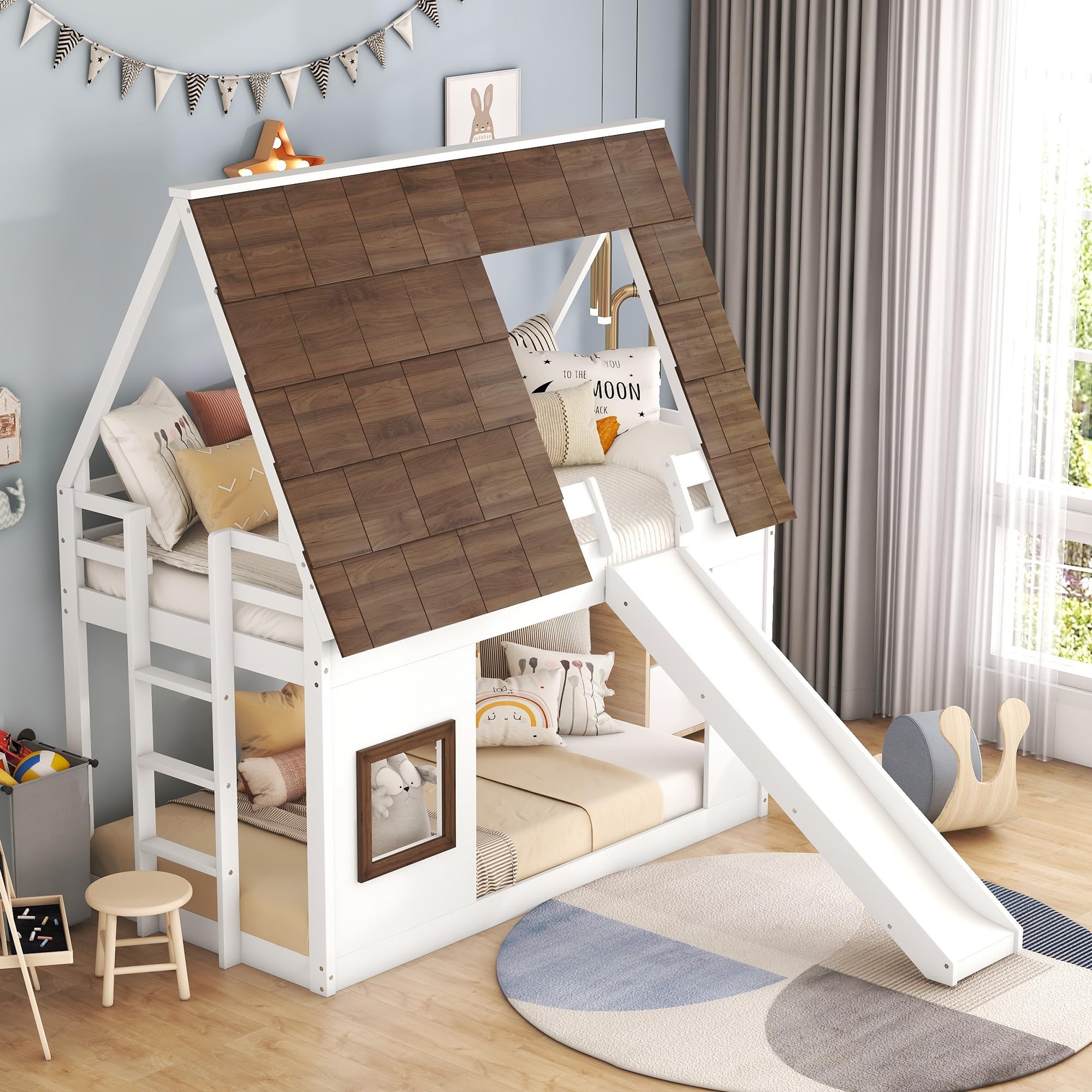 Polibi Wood Twin Size House Shaped Bunk Bed with Brown Roof,Window,Ladder and Slide,Bunkbed Frame for Boys & Girls,White+Brown