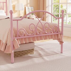 Weehom Twin Bed Frames, Modern Twin Size Metal Bed Frames for Kids Girls, No Box-Spring Needed Twin Platform Bed Frame with Unique Headboard and Footboard, 11.23 Inches Storage Space - Pink