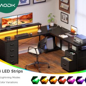 AODK 66" L Shaped Computer Desk, 113“ Reversible Home Office Desk with File Cabinet & 4 Fabric Drawers, Two Person Desk with LED Lights & Power Outlet, Corner Gaming Desk with Monitor Shelf, Black