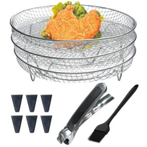 air fryer racks stainless steel 11pcs air fryer universal accessories, 3 layer stackable dehydrator racks with oil brush and clamp, air fryer basket tray fit air fryer, oven, pressure cooker