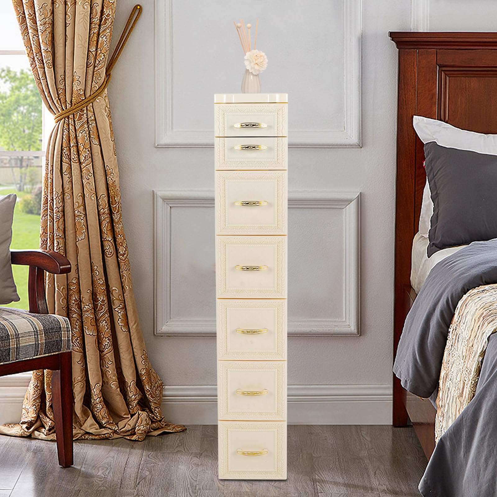 6 Tier Storage Cabinet with 7 Drawers Rolling Narrow Dresser Tower Stand Slim Plastic Storage Organizer with Wheels Elegant Storage Chest for Bedroom Bathroom Entryway Dorm Small Spaces, Beige