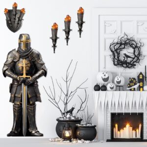 Honoson 10 Pcs Medieval Party Decorations Castle Decorations Jointed Suit of Armor Knight Cut Out Torch Props Medieval Shield for Birthday, Halloween, Medieval, Castle Party Renaissance Knight