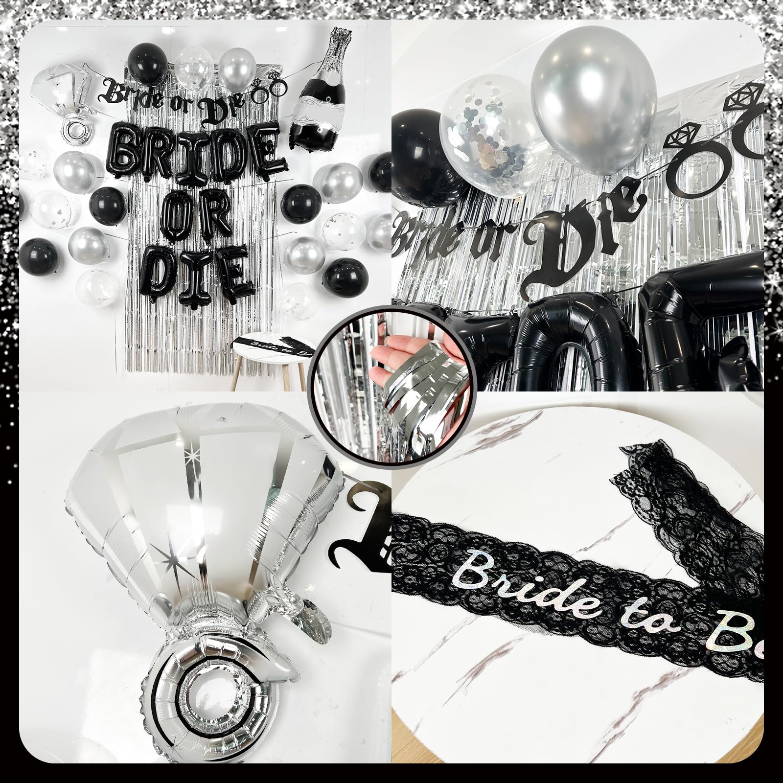 Bride or Die Bachelorette Party Decorations - Black and Silver Bride or Die Balloons,Banner Foil Curtain and Bride To Be Sash for Bridal Shower Engagement Wedding Bachelorette Party Supplies