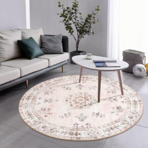 Lahome Washable Pink Round Rug 4ft, Soft Boho Circle Rug for Nursery and Girls, Small Floral Round Area Rug Non-Slip, Pastel Circular Carpet for Bedroom Indoor Floor Home Office Decor