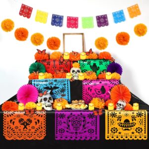 newwiee 82 pcs day of the dead altar kit flameless led candle paper marigold flower fan monarch butterfly papel picado banner disposable tablecloth for dia de los muertos altar diwali(cute color)