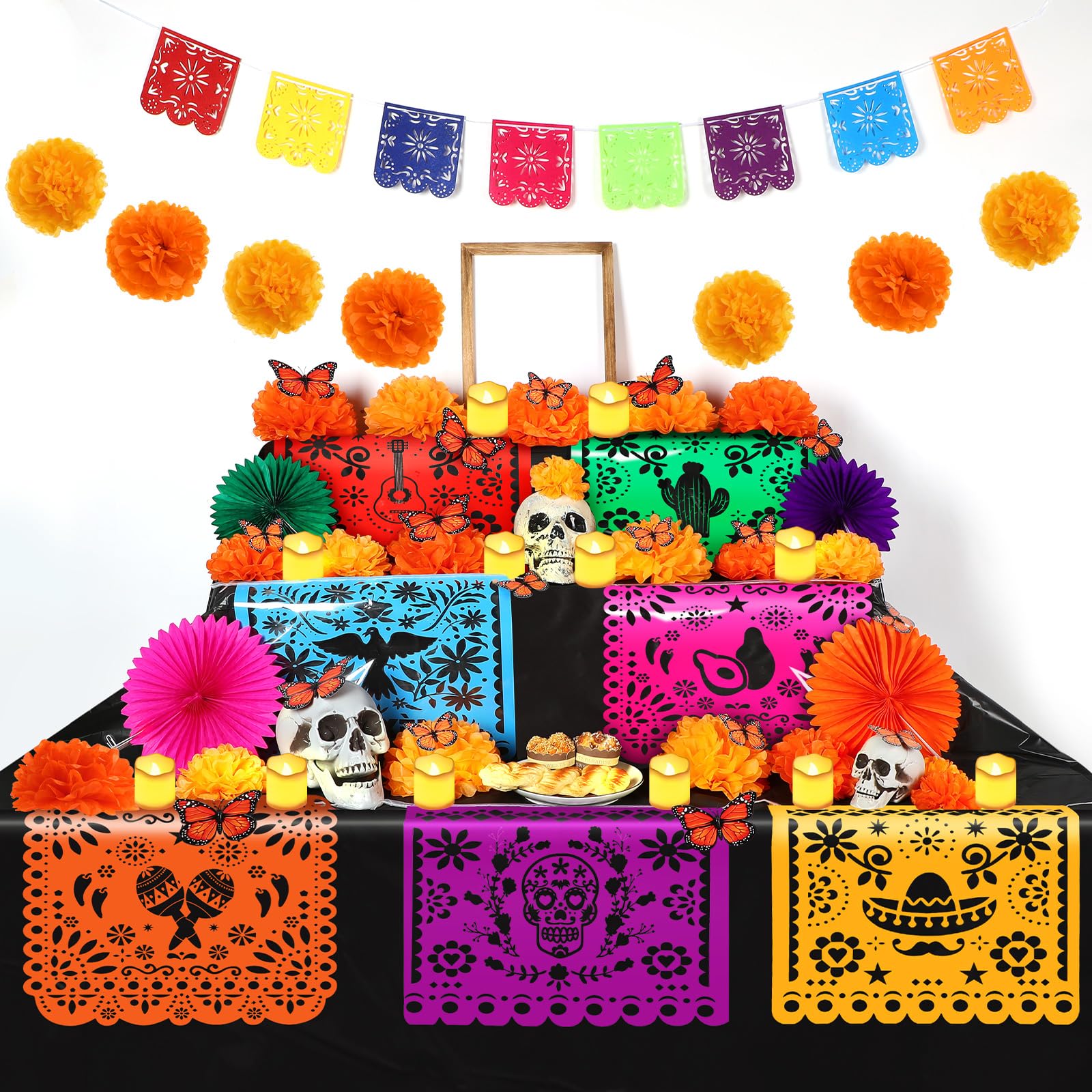 Newwiee 82 Pcs Day of the Dead Altar Kit Flameless LED Candle Paper Marigold Flower Fan Monarch Butterfly Papel Picado Banner Disposable Tablecloth for Dia De Los Muertos Altar Diwali(Cute Color)