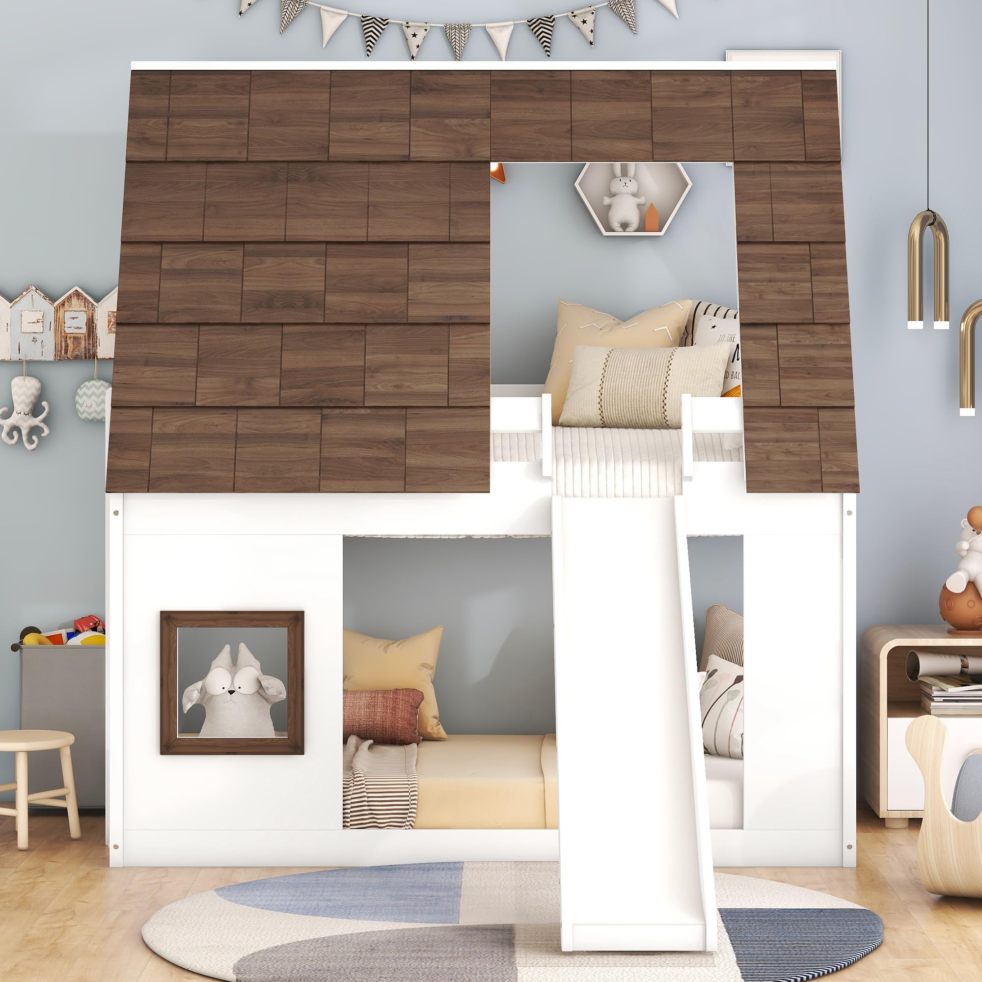 Polibi Wood Twin Size House Shaped Bunk Bed with Brown Roof,Window,Ladder and Slide,Bunkbed Frame for Boys & Girls,White+Brown