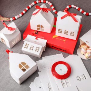 Yinder 25 Pcs House Shaped Gift Boxes with Red Ribbons House Shaped Candy Boxes House Treat Boxes Party Favors Cookie Boxes for Gift Giving White Paper Gable Boxes for Wedding Xmas Party, 4 Styles