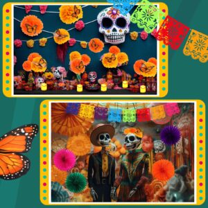 Newwiee 82 Pcs Day of the Dead Altar Kit Flameless LED Candle Paper Marigold Flower Fan Monarch Butterfly Papel Picado Banner Disposable Tablecloth for Dia De Los Muertos Altar Diwali(Cute Color)