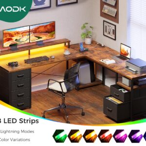 AODK 66" L Shaped Computer Desk, 113“ Reversible Home Office Desk with File Cabinet & 4 Fabric Drawers, Two Person Desk with LED Lights & Power Outlet, Corner Gaming Desk with Monitor Shelf, Vintage