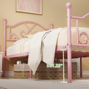 Weehom Twin Bed Frames, Modern Twin Size Metal Bed Frames for Kids Girls, No Box-Spring Needed Twin Platform Bed Frame with Unique Headboard and Footboard, 11.23 Inches Storage Space - Pink