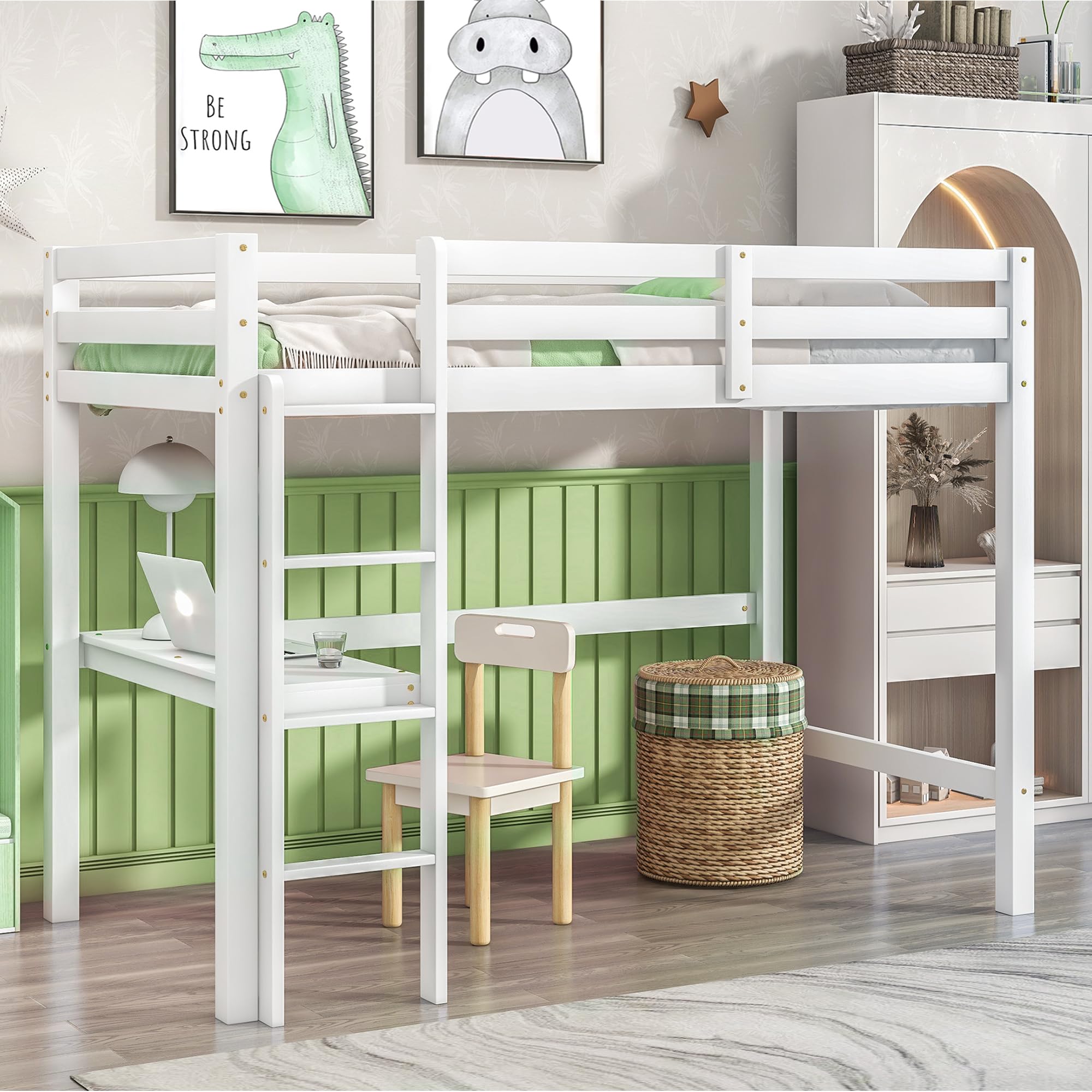 LifeSky Twin Size Loft Bed - Heavy Duty Loft Beds with Built-in Desk and Stairs - Wood Lofted Bed Frame with Ladder for Boys Girls Teens Kids Bedroom White