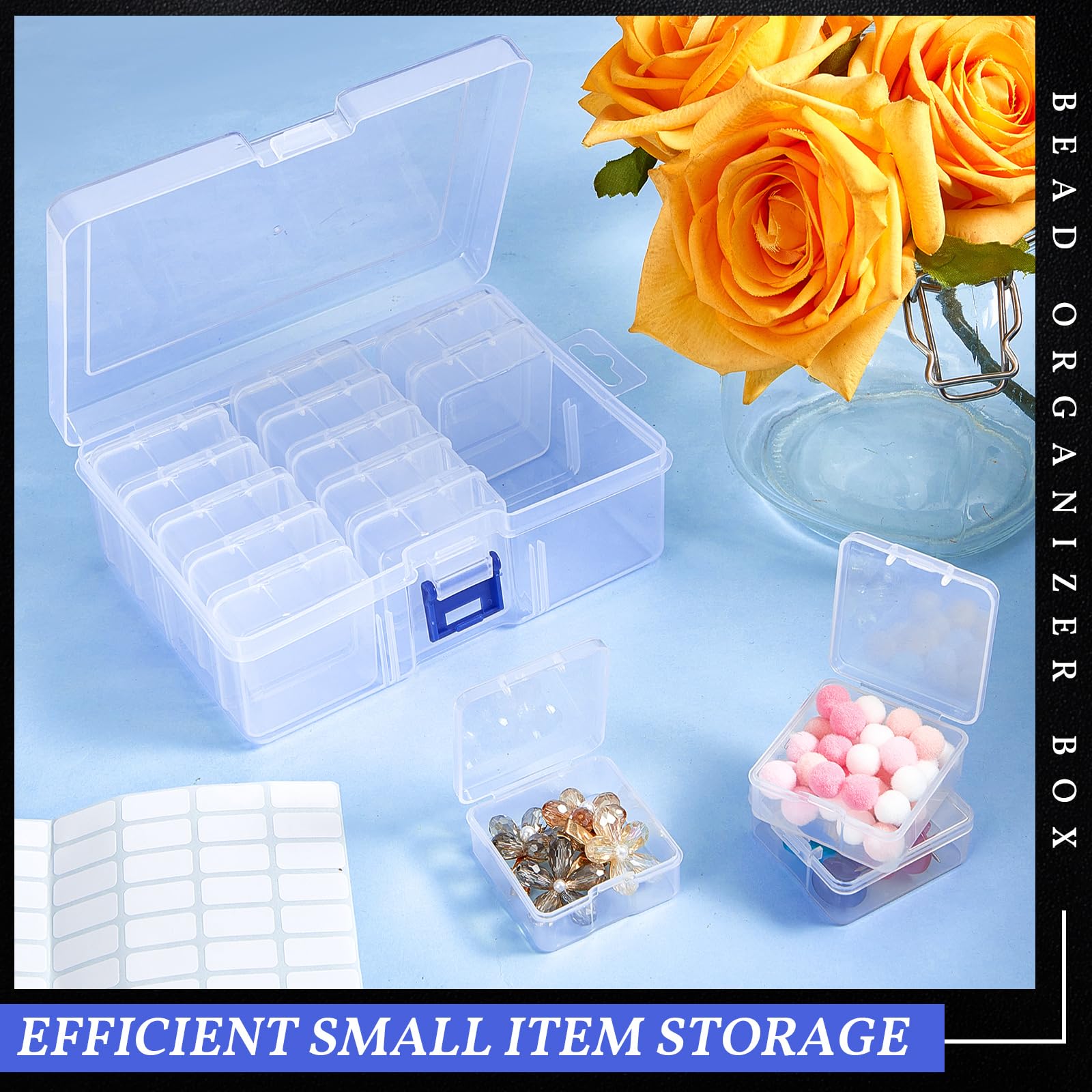 Sliner 96 Pcs Bead Organizer Box Bead Storage Containers Craft Organizers and Storage Plastic Storage Cases with Hinged Lid and Rectangle Clear Case and Stickers for Beads Jewelry Craft Supplies