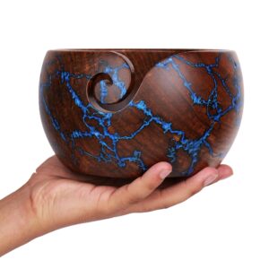 personalized rosewood lichtenberg wooden storage yarn bowl, bowl holder & dispenser for tangle-free yarn perfect large knitting & crochet bowl - crochet bowl fractal wood burning & resin artwork