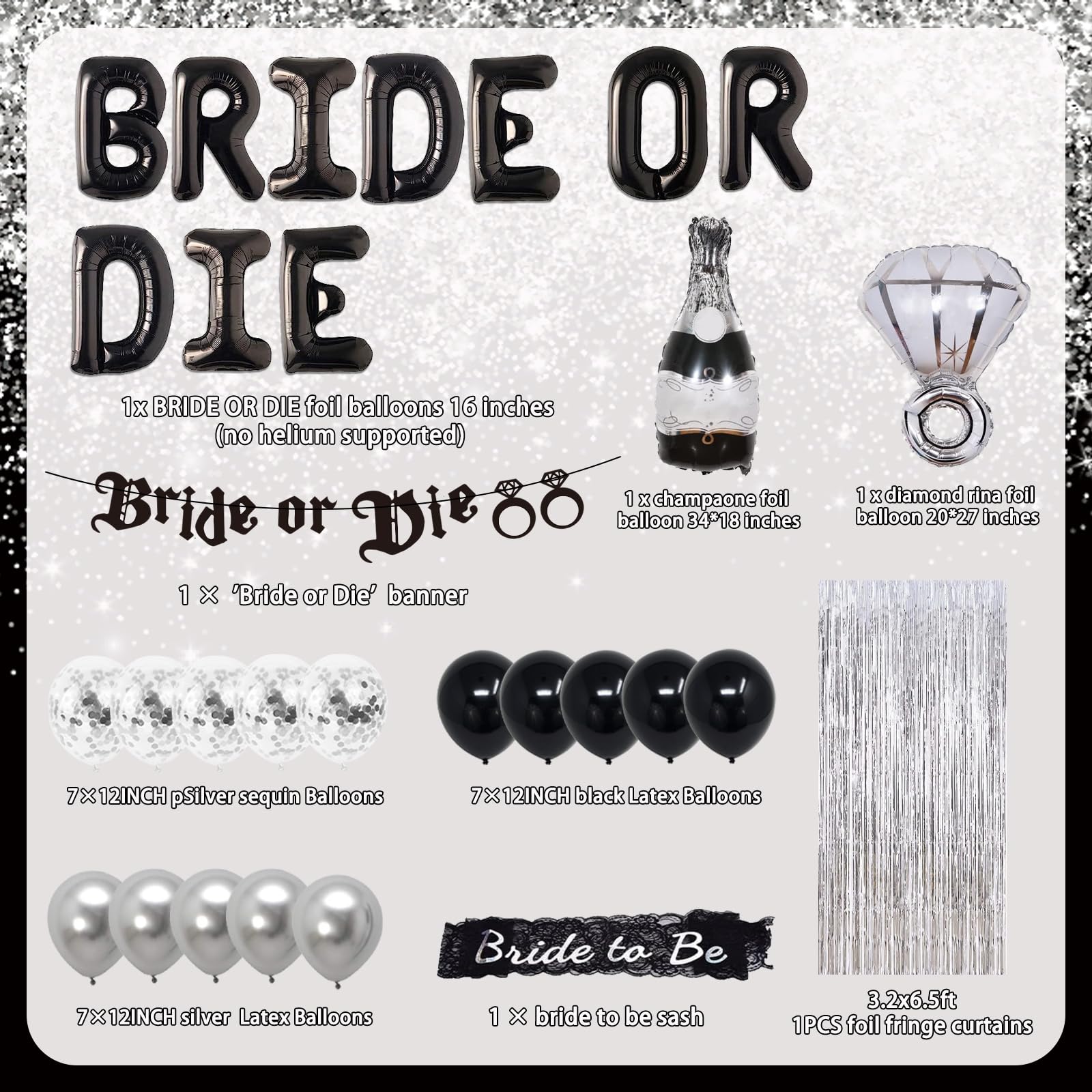 Bride or Die Bachelorette Party Decorations - Black and Silver Bride or Die Balloons,Banner Foil Curtain and Bride To Be Sash for Bridal Shower Engagement Wedding Bachelorette Party Supplies