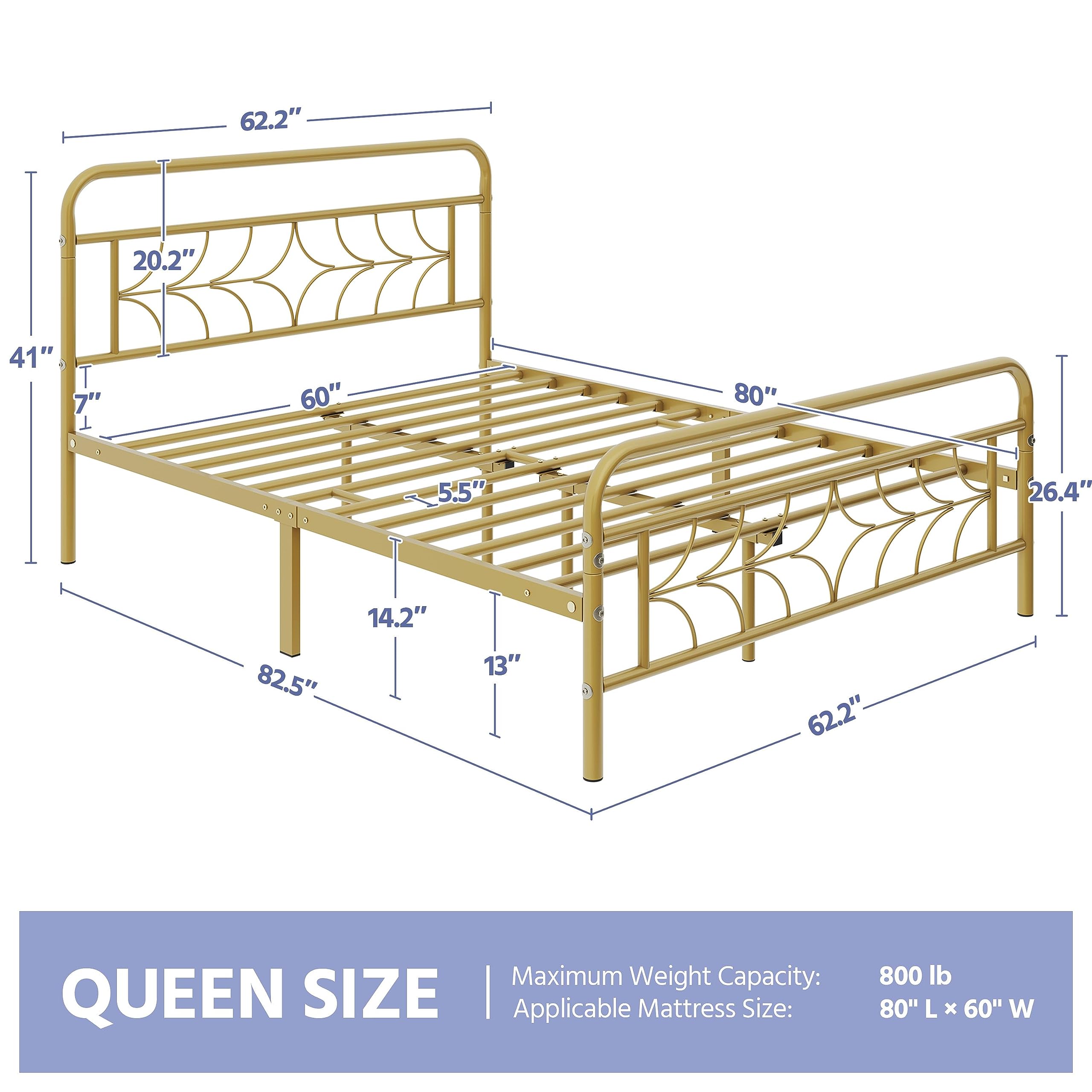 Topeakmart Queen Metal Platform Bed with Sparkling Star-Inspired Design Headboard and 13 Inch Underbed Storage, Antique Gold