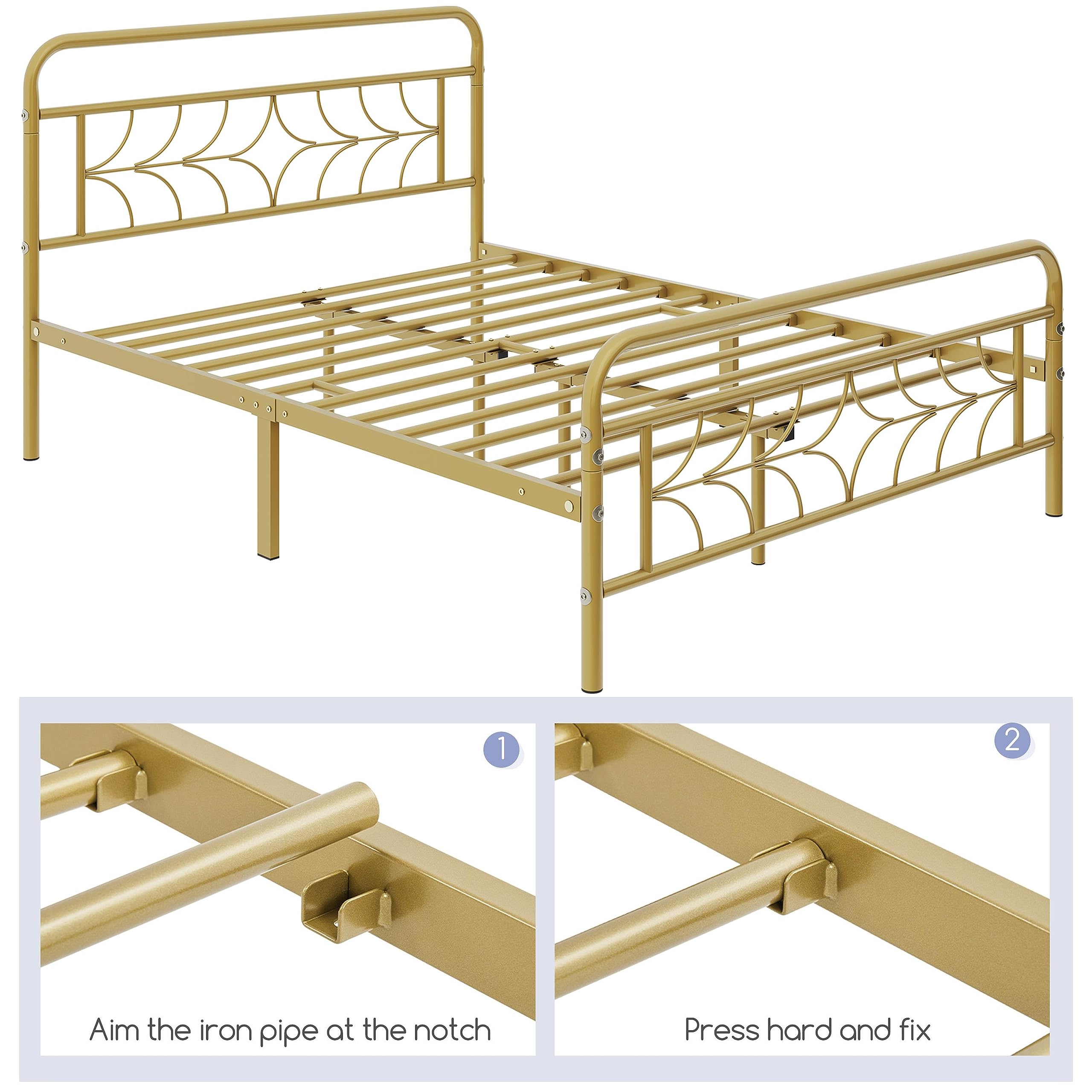 Topeakmart Queen Metal Platform Bed with Sparkling Star-Inspired Design Headboard and 13 Inch Underbed Storage, Antique Gold